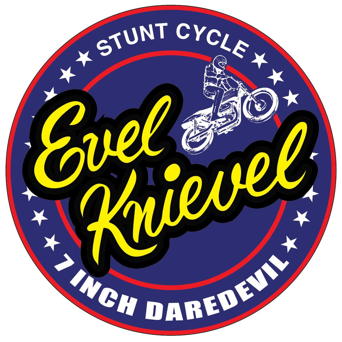 Evel Knievel 7 Inch Daredevil Round Sticker — Evel Knievel Toys